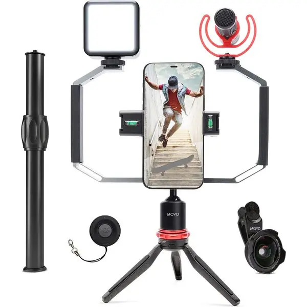 MOVO Ivlog3 Smartphone Video Bundle With Microphone, Mini Tripod, Led Camera Light - Black
