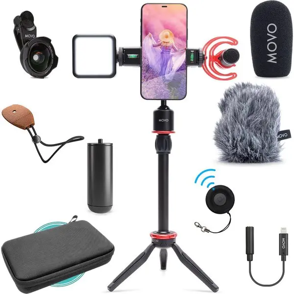 MOVO Ivlog1 Vlogging Kit For Iphoneyoutube Starter Kit With Shotgun Mic, Led Light, Tripod - Black