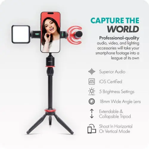 MOVO Ivlog1 Vlogging Kit For Iphoneyoutube Starter Kit With Shotgun Mic, Led Light, Tripod