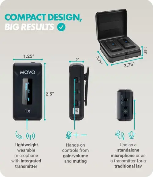 MOVO Wmx-2 Wireless Lavalier Microphone System With Charging Case For Cameras