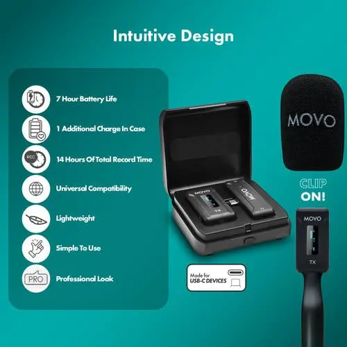 MOVO Wmx-2-c Usb-c Wireless Lavalier Microphone For Iphone 15/android/usb C Devices With Wmx-hm Handheld Adapter