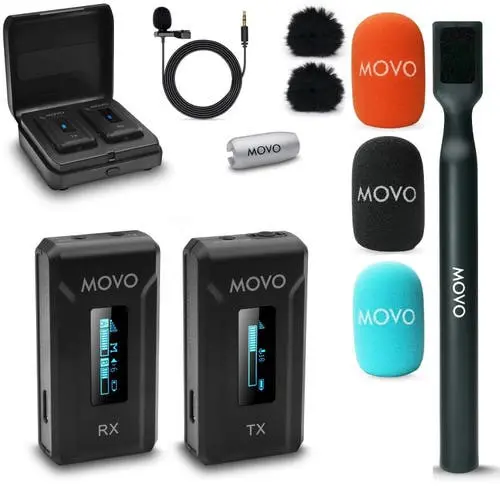 MOVO Wmx-2 Wireless Lavalier Microphone System With Charging Case And Interview Mic Handle For Cameras - Black