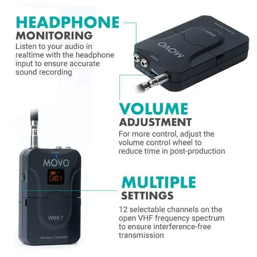 MOVO Wmx-7 Vhf 12-channel Wireless Lavalier Microphone System Compatible With Dslr Cameras, Camcorders