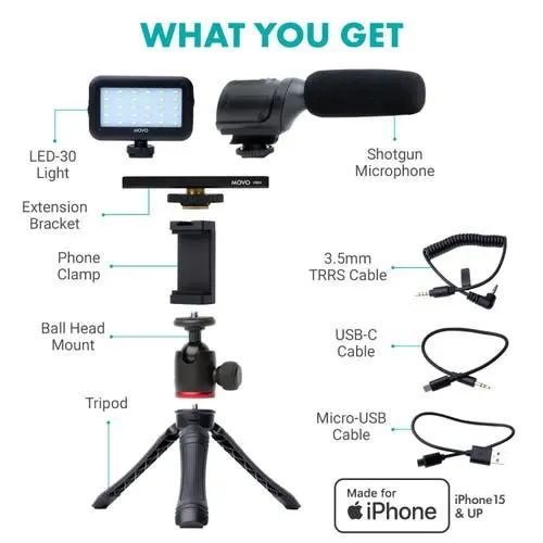 MOVO Uvlogger Vlogging Kit For Iphone 15 And Up With Light, Mic, Phone Mount