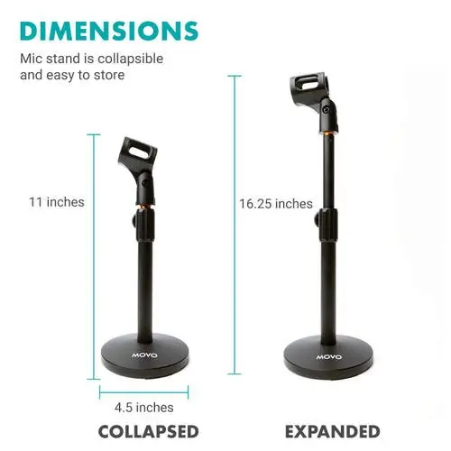 MOVO Tmc-3 Adjustable Tabletop Mic Stand With Mic Clip