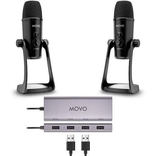 MOVO Usb Podcast Equipment Bundle For 2 With Usb Interface With 2 Condenser Microphones - Black