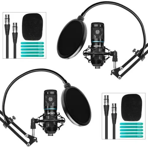 MOVO 2-pack Universal Cardioid Podcasting Microphone Bundle With Articulating Scissor Arm And Pop Filter - Black