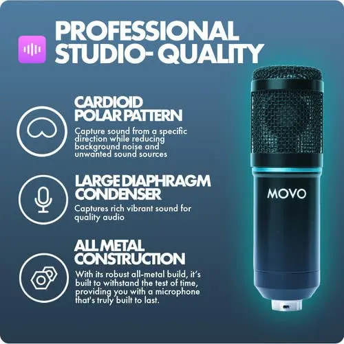 MOVO 4-pack Universal Cardioid Podcasting Microphone Bundle With Tabletop Mic Stand And Pop Filter