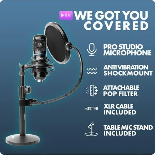 MOVO 4-pack Universal Cardioid Podcasting Microphone Bundle With Tabletop Mic Stand And Pop Filter