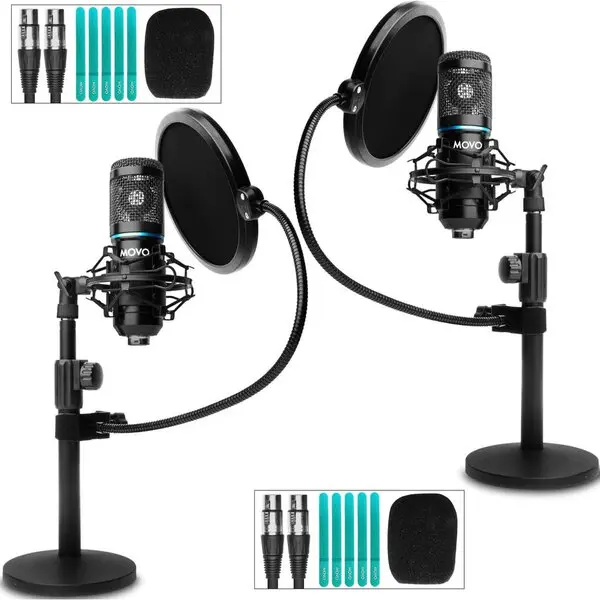 MOVO 2-pack Universal Cardioid Podcasting Microphone Bundle With Tabletop Mic Stand And Pop Filter For Xlr Outputs - Black