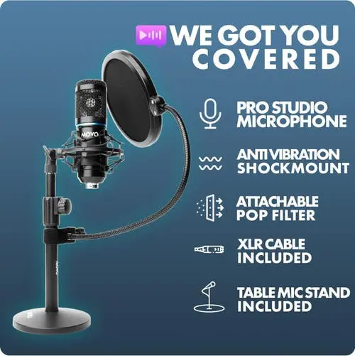 MOVO 2-pack Universal Cardioid Podcasting Microphone Bundle With Tabletop Mic Stand And Pop Filter For Xlr Outputs