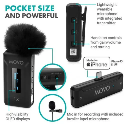 MOVO Wmx-2-c-duo Dual Wireless Lavalier Microphone System With Charging Case For Iphone 15 And Up