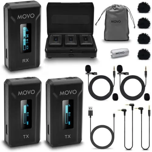 MOVO Wmx-2-duo Dual Wireless Lavalier Microphone System With Charging Case For Cameras - Black