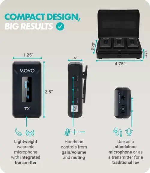 MOVO Wmx-2-duo Dual Wireless Lavalier Microphone System With Charging Case For Cameras