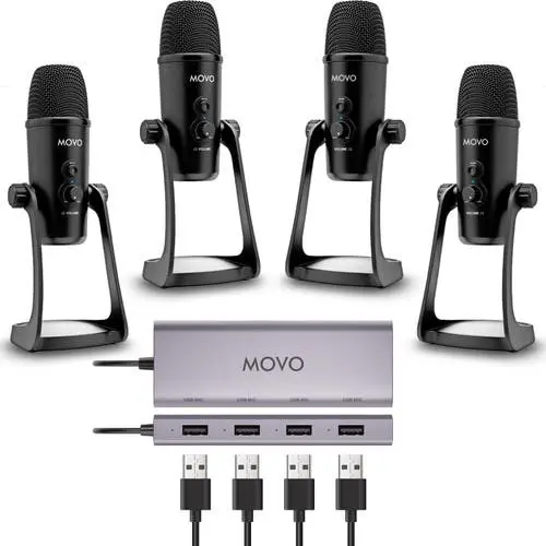 MOVO Usb Podcast Equipment Bundle For 4 With Usb Interface With 4 Condenser Microphones - Black