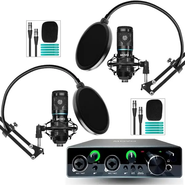MOVO Podkit2a Podcast Bundle For 2includes Microphones, Boom Arms, Pop Filters - Black
