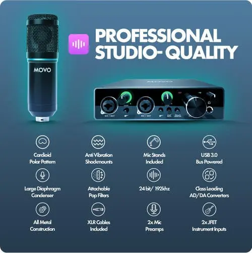MOVO Podkit2a Podcast Bundle For 2includes Microphones, Boom Arms, Pop Filters