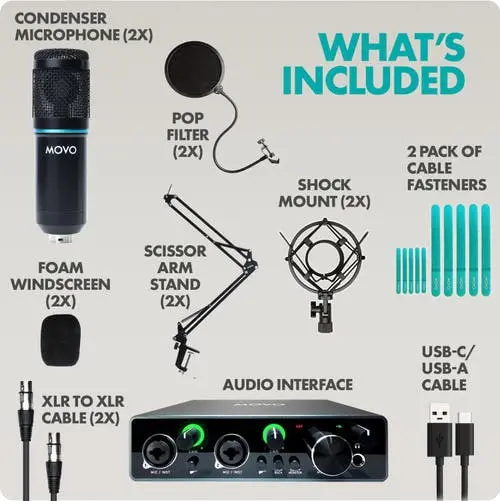 MOVO Podkit2a Podcast Bundle For 2includes Microphones, Boom Arms, Pop Filters