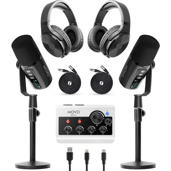 MOVO Podcast Equipment Bundle For Iphone & Android With Audio Interface, 2 Dynamic Mics, 2 Headphones - Black