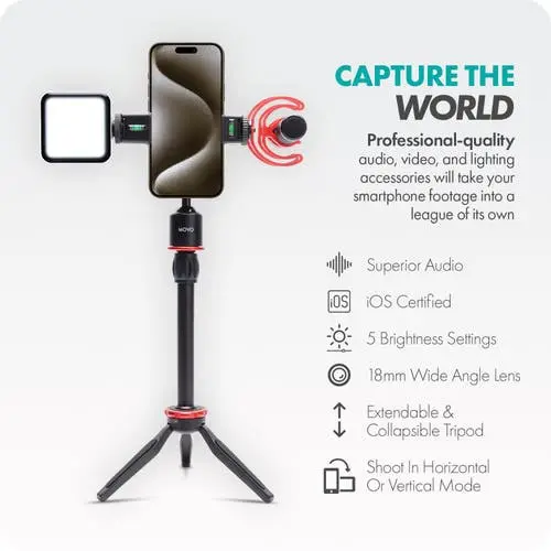 MOVO Ivlog1-ip Vlogging Kit For Iphone 15/16/17 And Up With Microphone, Mini Tripod, Led Light