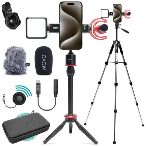 MOVO Ivlog1-ip Vlogging Kit For Iphone 15/16 And Up With Fullsize Tripod, Mic, Light - Black