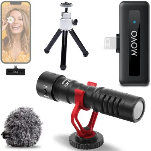 MOVO Vxr10 Shotgun Mic With Wm-vxr10 Wireless Microphone Adapter And Tripodfor Lightning Compatible Iphones - Black