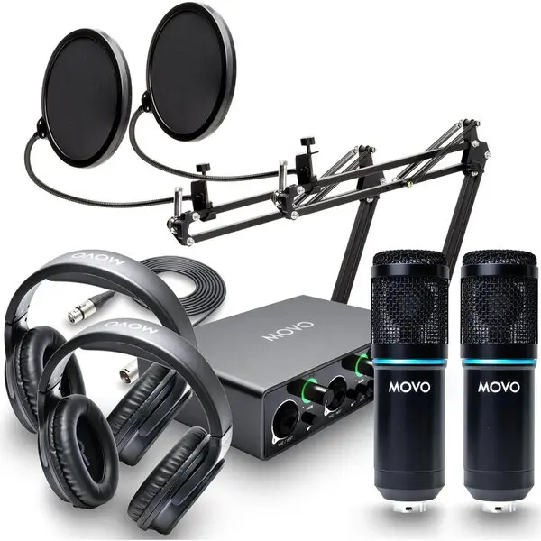 MOVO Podkit2ah Podcast Equipment Bundle For 2 Condenser Microphone Kit With Usb Audio Interface For Computers - Black