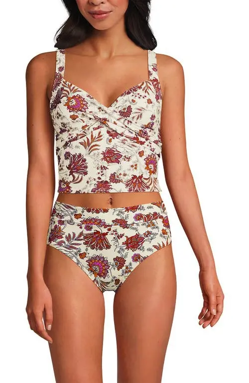 LANDS' END Sweetheart Wrap Midkini Top - Egret White Ornate Floral