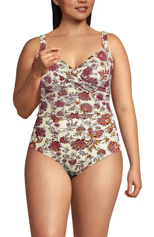 LANDS' END Sweetheart Wrap Midkini Top - Egret/poppy Floral