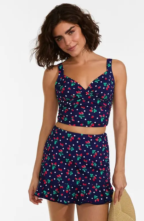 LANDS' END Sweetheart Wrap Midkini Top - Navy/berry Dot