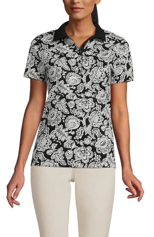 LANDS' END Supima Cotton Polo Shirt - Black/ivory Floral Medley