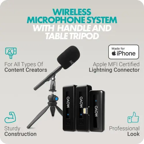 MOVO Wireless Mini Wireless Microphone For Iphone Podcast Equipment Bundle With Wmx-hm Handle