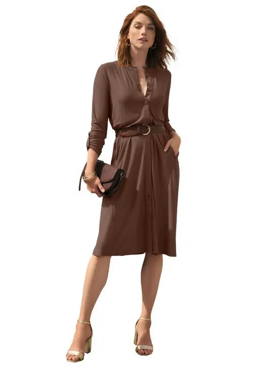 JESSICA LONDON A-line Shirt Dress With Roll-tab Sleeves - Rich Brown