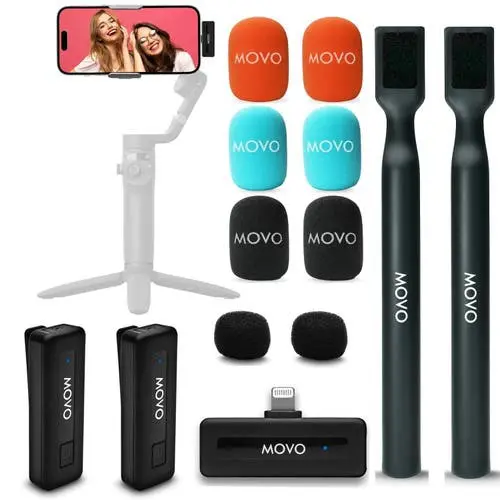 MOVO Wireless Mini Di Duo Dual Ultra Compact Wireless Lavalier Microphones For Iphone With Handheld Adapter - Black