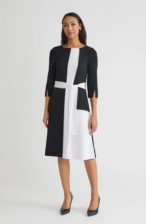 Misook A-line Colorblock Soft Knit Dress With Waist Tie
