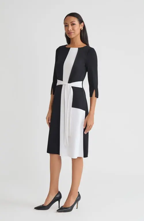 Misook A-line Colorblock Soft Knit Dress With Waist Tie