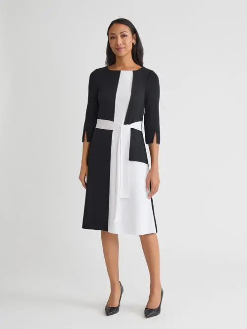 Misook A-line Colorblock Soft Knit Dress With Waist Tie