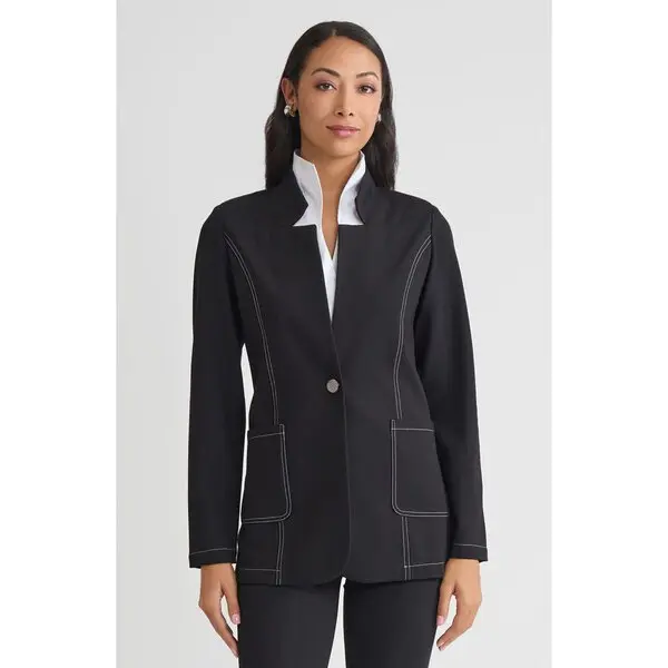 Misook Tailored Luxestretch Ponte Single Button Blazer - Biscotti/black