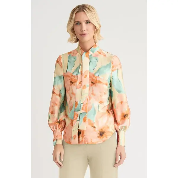 Misook Floral Printed Crepe De Chine Blouse