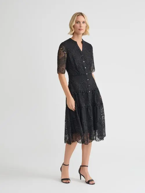 Misook A-line Tiered Lace Midi Dress
