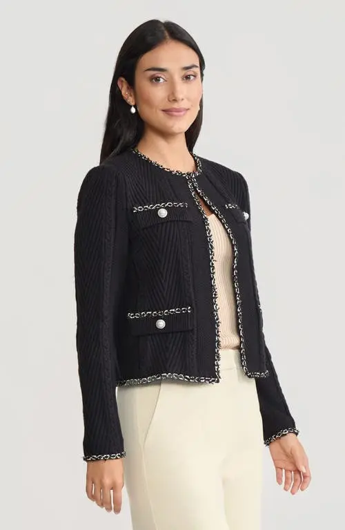 Misook Heritage Eyelash Trim Cozy Ribbed Knit Jacket - Black/biscotti
