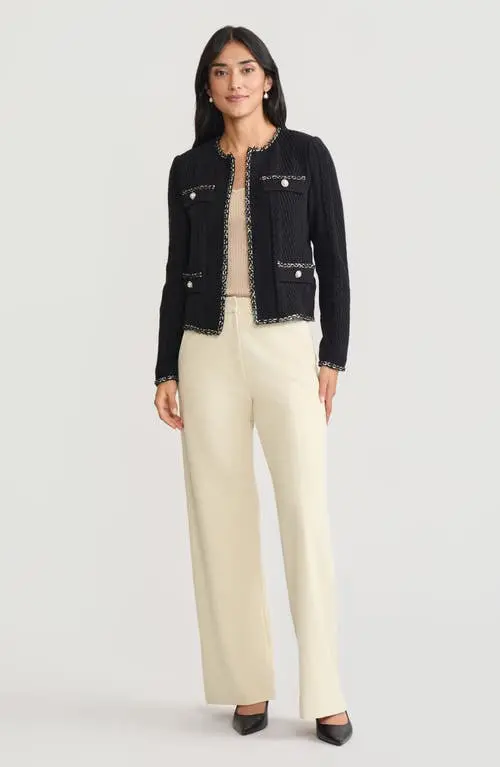 Misook Heritage Eyelash Trim Cozy Ribbed Knit Jacket - Black/biscotti