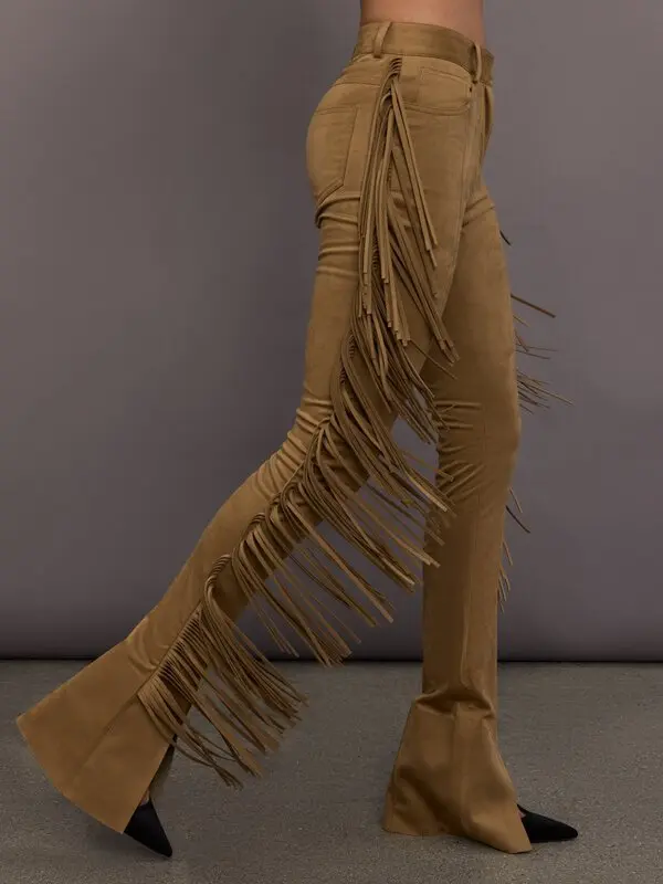 Norma Kamali Fringe Spat Jeans - Camel
