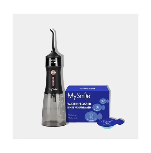 MYSMILE Lp221 Cordless Uvc Sterilizable Water Flosser With 30 Concentrate Mouthwash Pods Bundle - Black