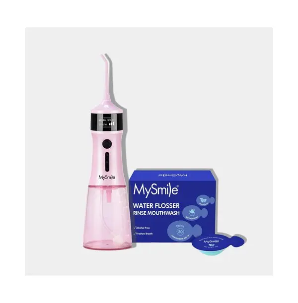 MYSMILE Lp221 Cordless Uvc Sterilizable Water Flosser With 30 Concentrate Mouthwash Pods Bundle - Pink