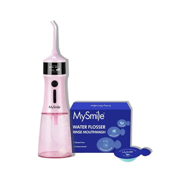 MYSMILE Lp221 Cordless Uvc Sterilizable Water Flosser With 30 Concentrate Mouthwash Pods Bundle - Pink