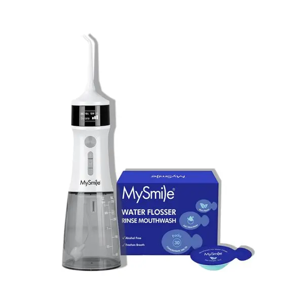 MYSMILE Lp221 Cordless Uvc Sterilizable Water Flosser With 30 Concentrate Mouthwash Pods Bundle - White