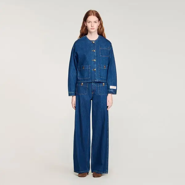 Sandro Denim Jacket With Decorative Button Fastening - Deep Blue