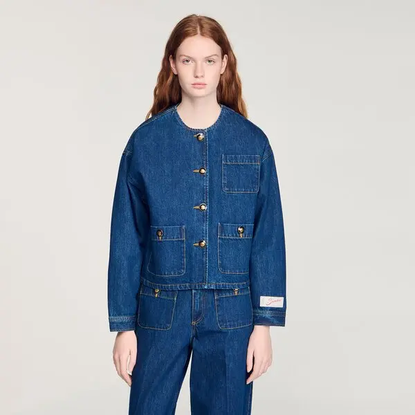 Sandro Denim Jacket With Decorative Button Fastening - Deep Blue
