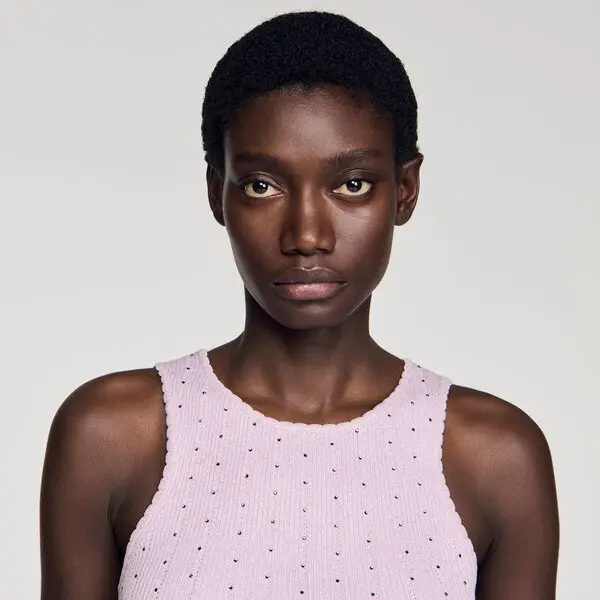 Sandro Rhinestone Knit Crop Top - Mauve
